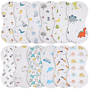 Peryiter 12 Pcs Muslin Burp Cloths 20'' x 10'' 6 Layers Cotton Burping Clothes Animal Fruit Theme Soft Burp Rags Burpy Cloth Bib Hand Muslin Washcloths Absorbent Newborn Face Towels for Baby Boy Girl