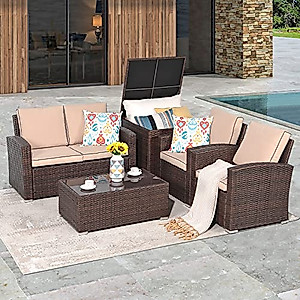 JOIVI PE Wicker Patio Furniture Set, 5 Piece Outdoor Sectional Conversation Sofa Set with Storage Box, Brown Rattan Loveseat Couch Sofa and Tempered Glass Table, Beige Cushions