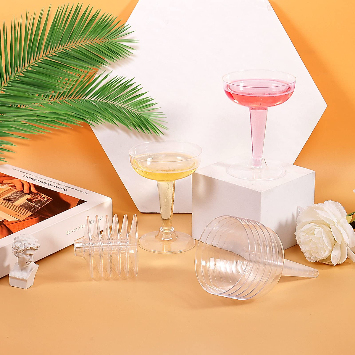 mwellewm 50 Pack Plastic Cocktail Glasses, 4 Oz Clear Disposable Champagne Flutes Margarita Glasses, Stemmed Stackable Shatterproof Dessert Cups Plastic Wine Glasses for Wedding, Celebration (Clear)