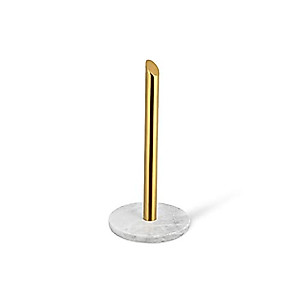 ROOMOXIE Marble Paper Towel Holder Stand Angled Golden Steel Rod with Natural White Marble Base, Paper Towel Holder countertop 13 inch - Heavy Duty Weighted Paper Towel Holder