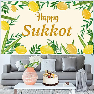 LOONELO Happy Sukkot Backdrop Banner with 70.8"X43.3", Happy Sukkah Backdrop Banner, Etrog Lulav Jewish Holiday Photography Background for Photo Booth Wedding Birthday Sukkot Party Decorations