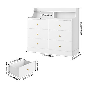 finetones 6 Drawer Dresser, White Dresser Double Dresser with Shelves, White and Gold Dresser, Wide Chest of Drawers, Dressers & Chests of Drawers, Large Wooden Storage White Dresser for Living Room