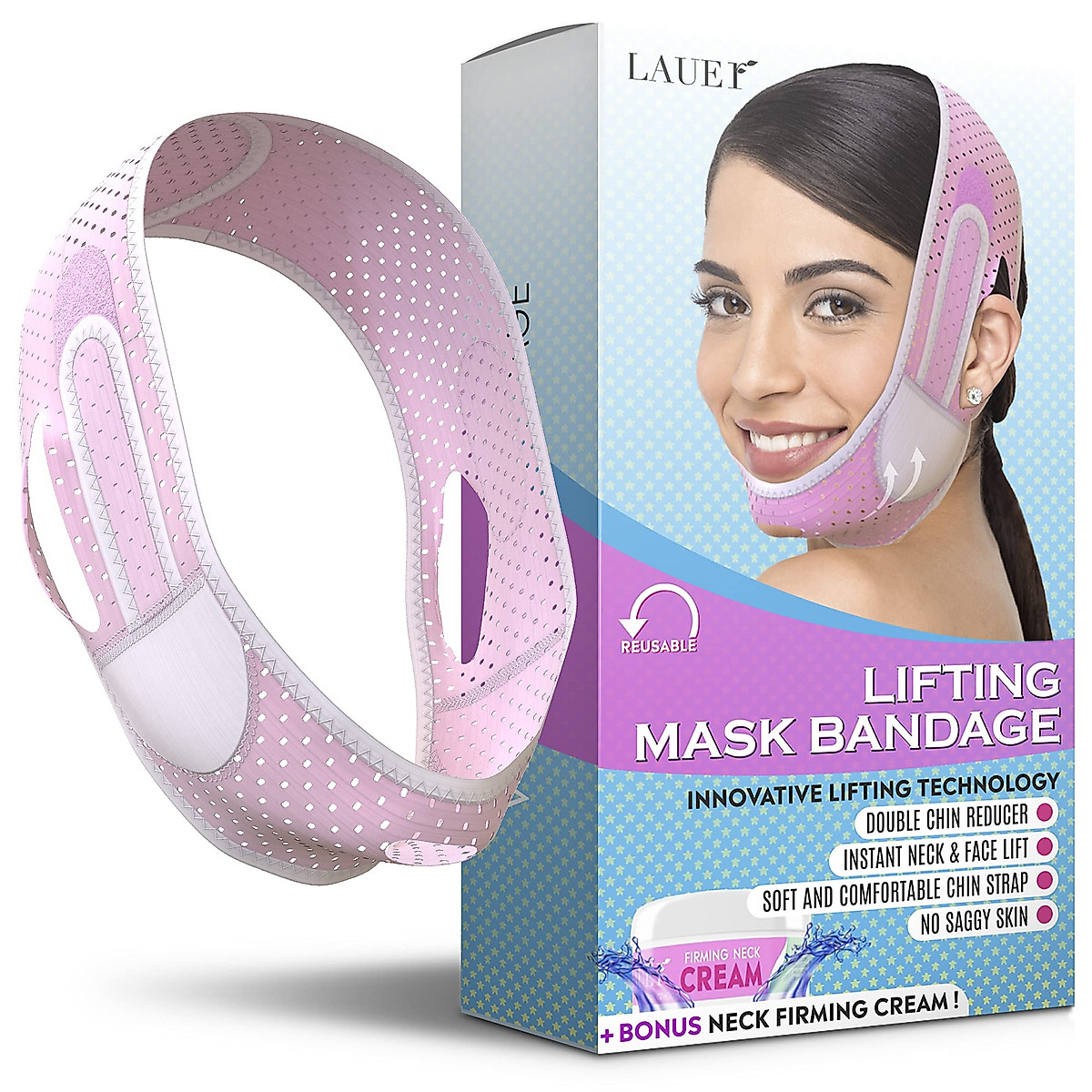 LAUER COSMETIC Double Chin Reducer Chin Strap Face Mask Reusable V Shaped Slimming Face Mask & Neck Firming Cream V Line Lifting Mask Chin Up Patch (Pink)