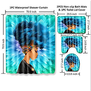 4PCS/Set Natural Cute African American Woman Pattern Shower Curtain Floor Mat Set with Rugs and Accessories for Bathroom Decor