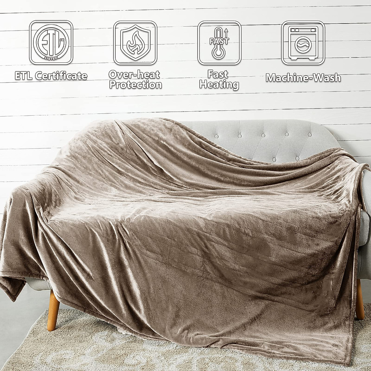 Tefici Electric Heated Blanket Queen Size, Dual Control Super Cozy Soft 2-Layer Flannel 84" x90" Heating Blanket with 3 Heat Levels & 8 Hours Auto Off,ETL&FCC Certified,Home Office Use,Camel