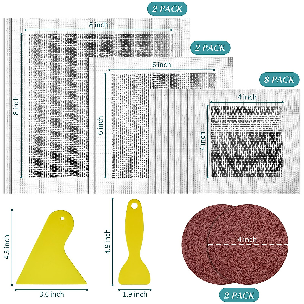 TUZAZO 12 Pack Drywall Repair Kit, 4/6/8 Inch Aluminum Fiber Mesh Dry Wall Repair Patches with Scraper and Sandpaper, Self-Adhesive for Ceiling Plaster Wall Hole Easy Solution