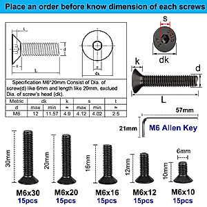 HanTof 75PCS Flat Head Hex Socket Cap Screw Bolt, Grade 10.9 Alloy Steel, M6 x 10/12/16/20/30mm SCK Allen Head Hex Drive Machine Screw Set with Hex Key, Black Oxide Finish, Fully Threaded Pitch: 1.0mm