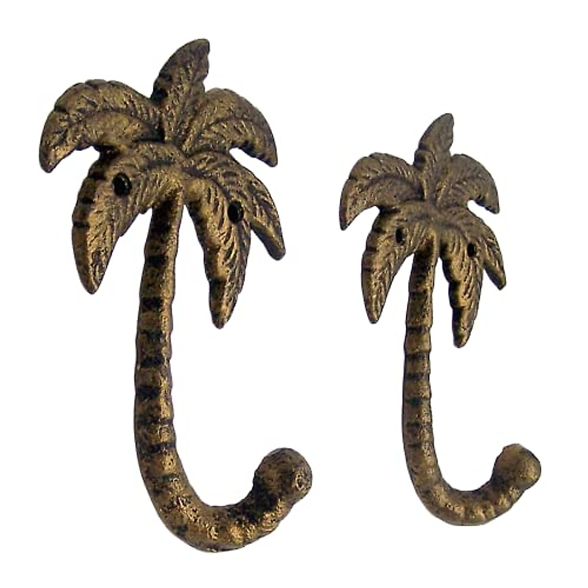 Palm Tree Cast Iron Wall Hooks, Wall Mounted for Hanging Coats, Purses, Towels, Hats, Beach Themed Wall Décor, Set of 2, 6.5 Inches High (Gold Toned)