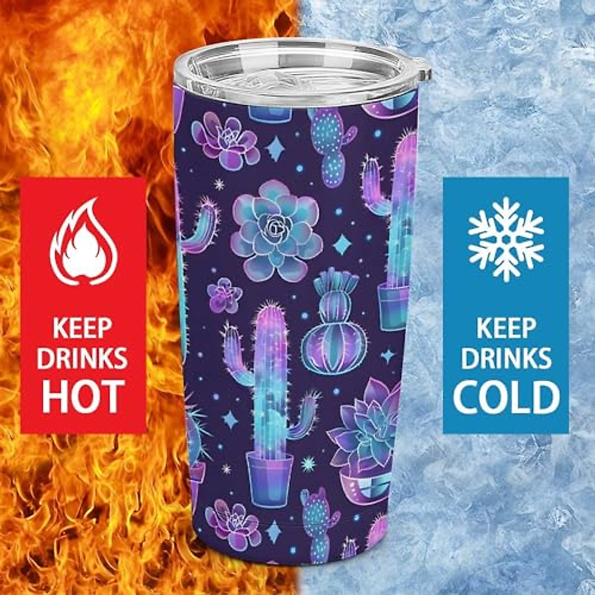 KIOWEIR Neon Cactus And Flowers Stainless Steel Tumbler 20oz With Lid And Straw, Insulated Tumblers Coffee Cup, Travel Mug for Ice Drink & Hot Beverage for Women Men Boys Girls