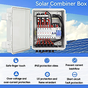 Solar Combiner Box PV Combiner Box 6 Strings with Lightning Arrester and 15A DC Fuse and 63A Circuit Breaker and Diodes for On/Off Grid Solar Panel System IP65