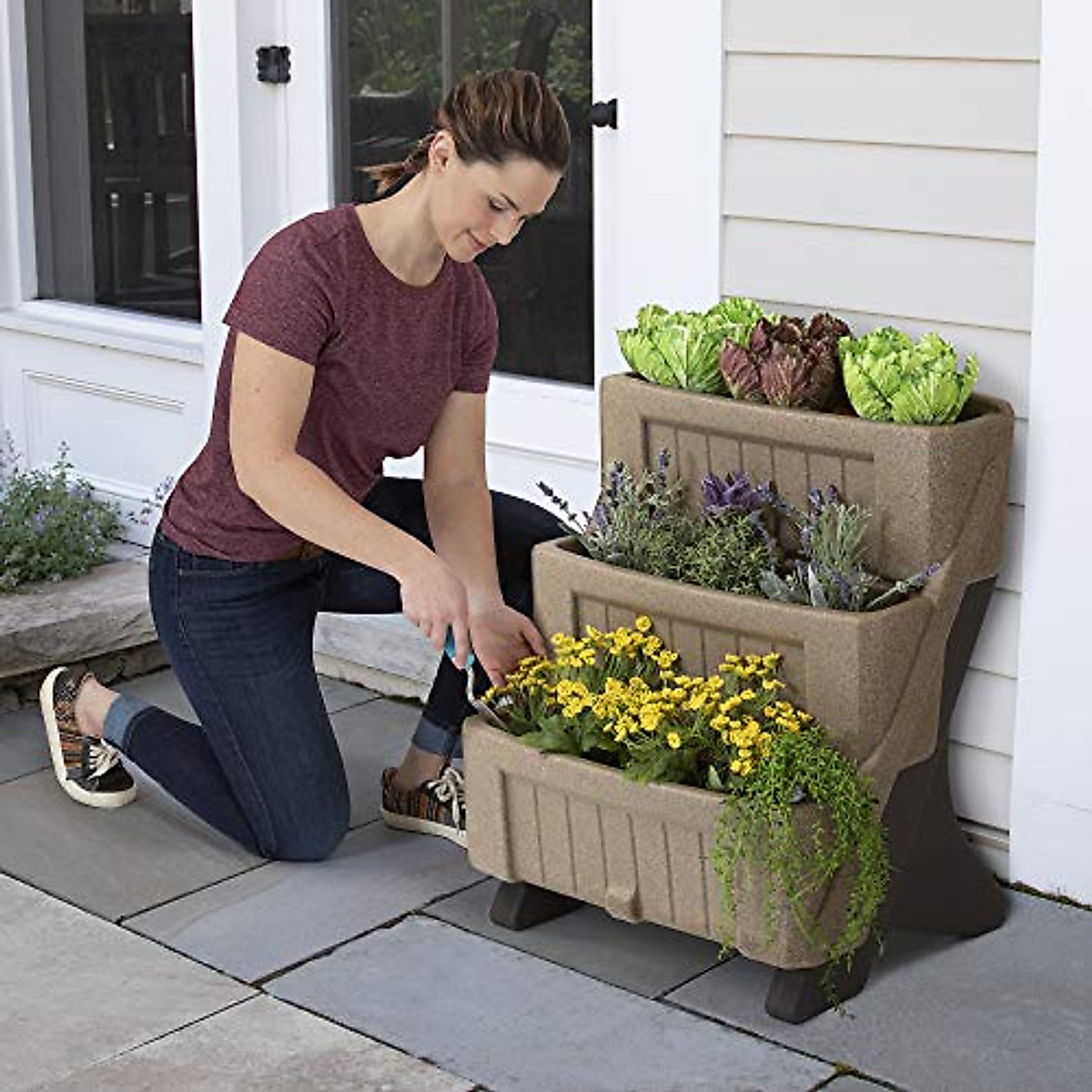 Simplay3 American Home™ 3-Level Multi Tiered Planter – Larger Planter Boxes for Indoor and Outdoor Garden Beds, Natural Stone Color, Made in USA