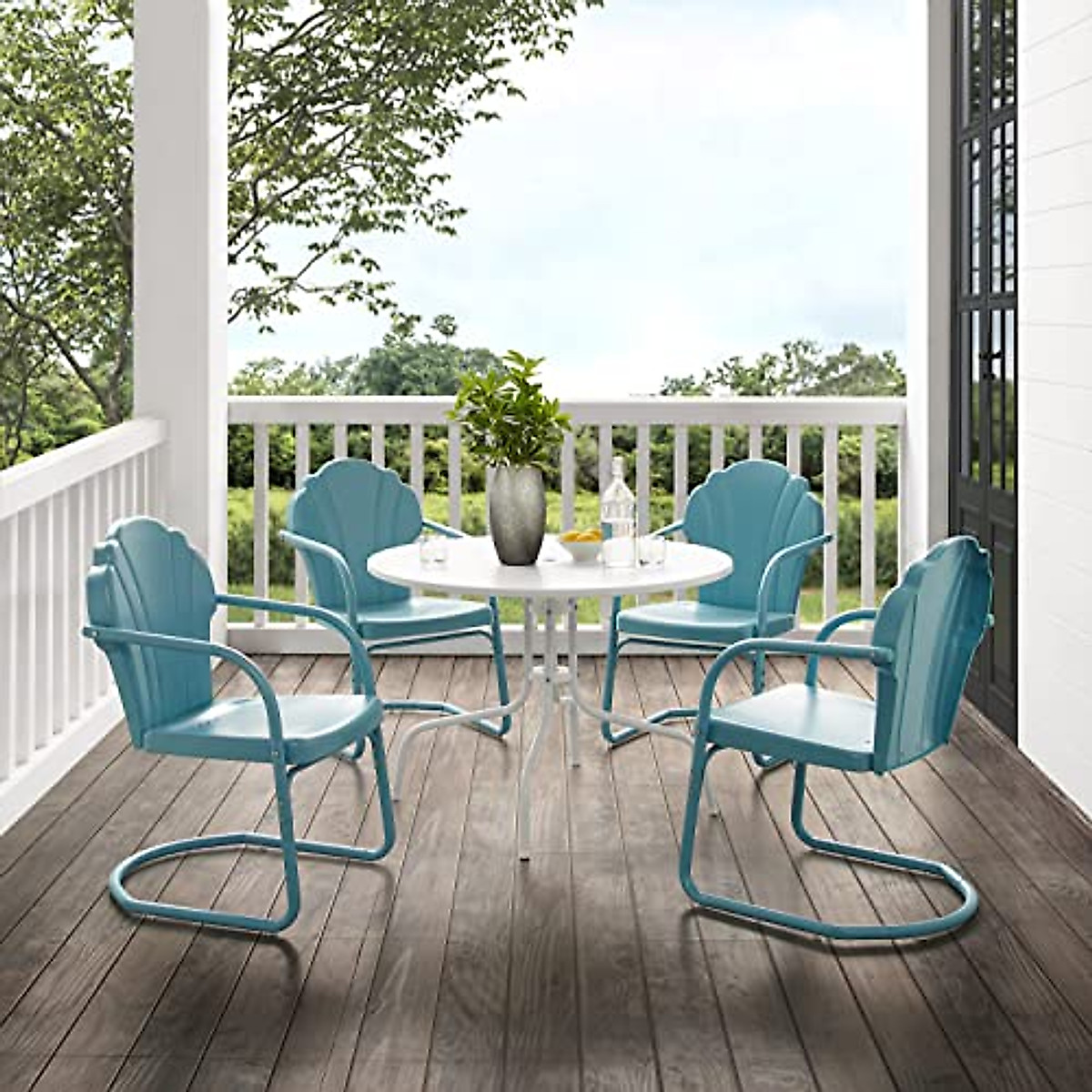 Crosley Furniture Tulip 5-Piece Outdoor Dining Set for 4, Retro Metal Round Patio Table and Chairs for Deck, Pastel Blue Satin