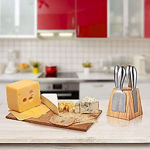 Stainless Steel Cheese Knife Set with Stand, Set of 4 Pieces Cheese Knives Spreader Slicer Shaver Fork with Wood Holder,Cheese Cutter Set with Magnetic Knife Block for Charcuterie Board (Type 3)