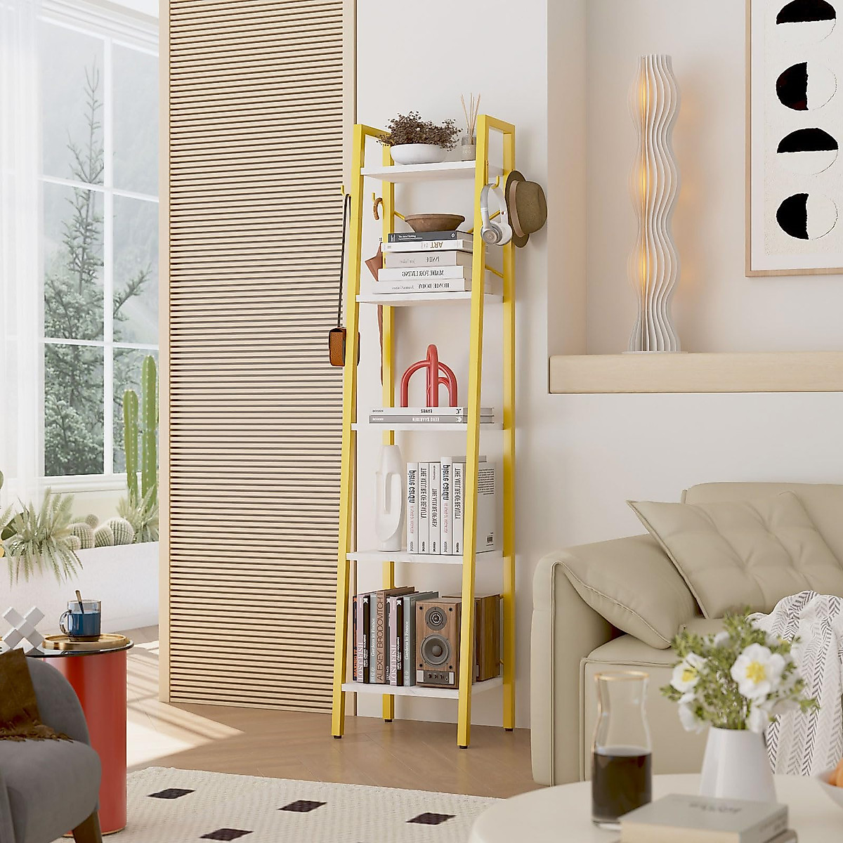 YMYNY Bookcase, 5-Tier Narrow Ladder Bookshelf, Freestanding Shelving Unit, Multifunctional Storage Rack, for Home Office Living Room Bedroom Kitchen, Plant Stand, White, UHBC025W