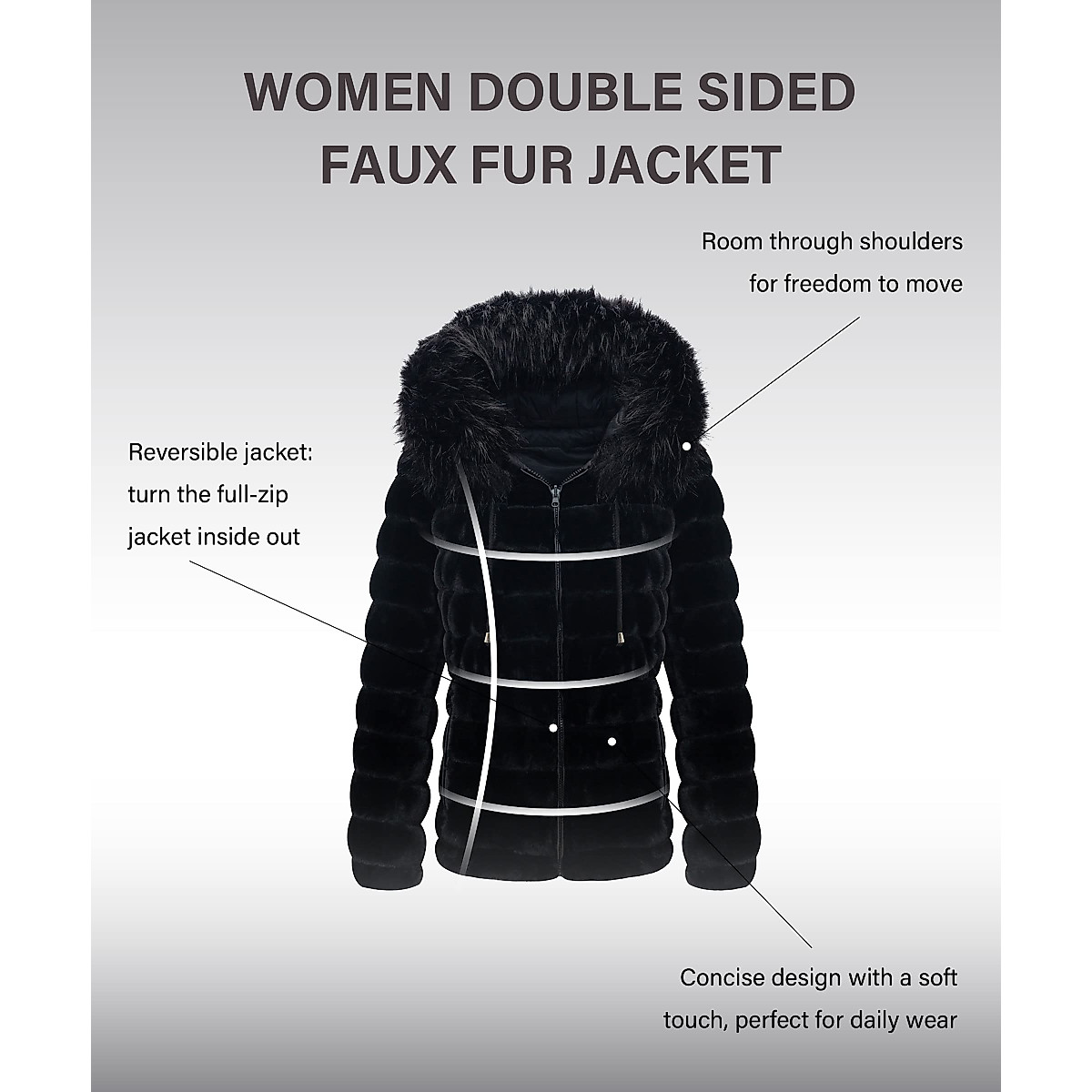 Bellivera Women Double Sided Faux Fur Jacket with Fur Collar, The Puffer Coat Worn on Both Sides 19225 Black XXL