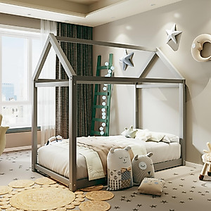 Merax Wood House Bed,Floor Bed with Wood Slats,No Box Spring Needed,Twin Size, Grey