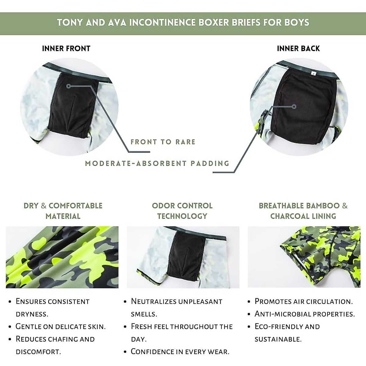 Tony and Ava Incontinence Boxer Briefs for Boys with Special Needs | Soft Cotton Liner | Slim Fit Underwear for Boys (120 lbs) | Comfortable, Camouflage Design, Pack of 2 (Large)