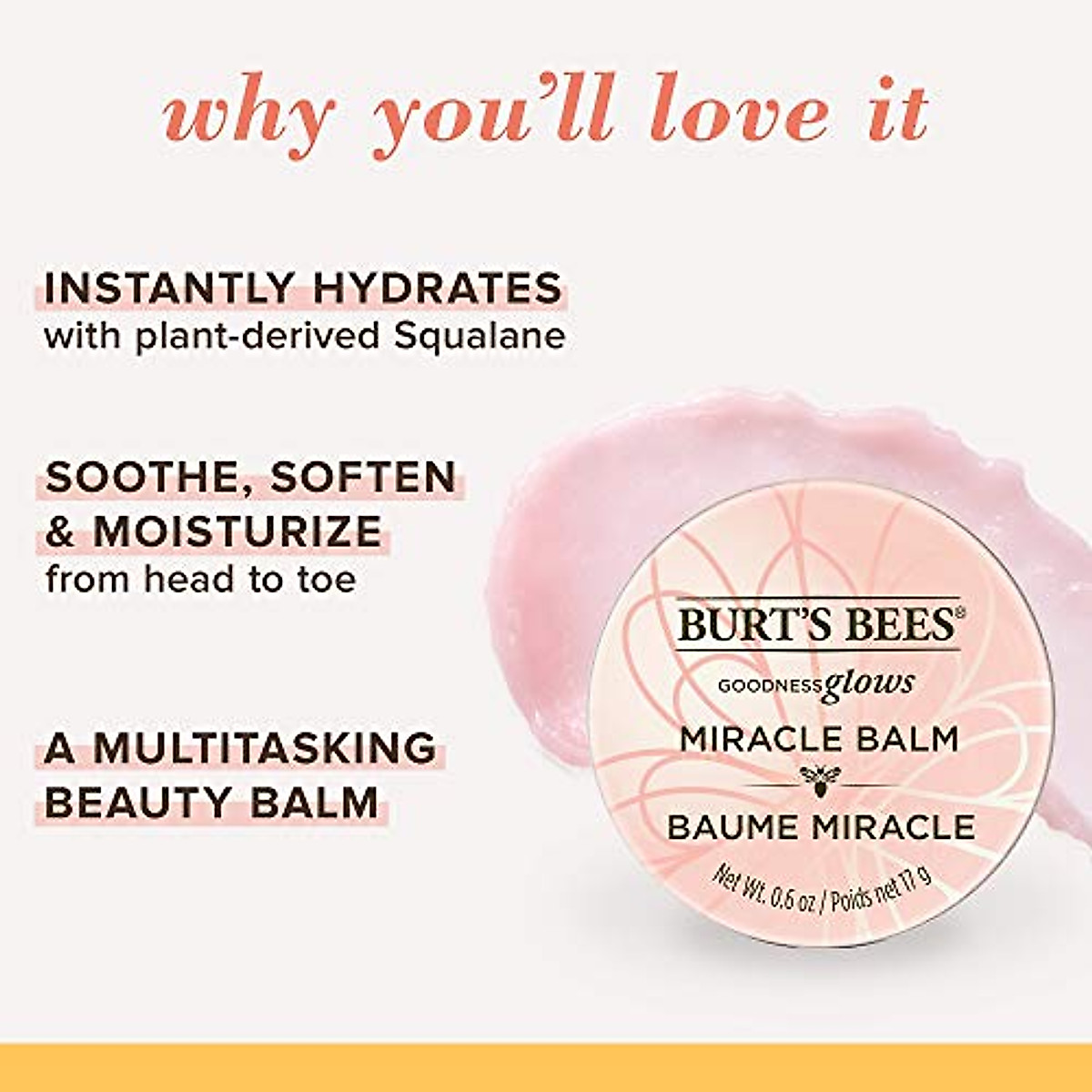 Burt's Bees 100% Natural Origin Goodness Glows Miracle Balm, Hydrates and Softens Dry Skin From Head To Toe, 0.6 Ounce Tin