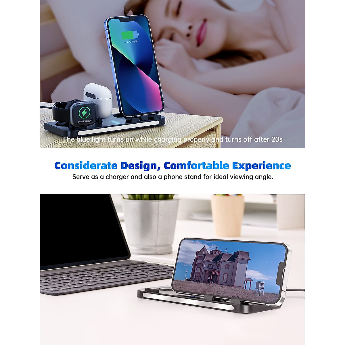 3 in 1 Charging Station, Foldable Charging Stand for Multiple Apple Devices Compatible with iPhone, iWatch, Air Pods, 18W Fast Charge Portable Travel Charger with QC3.0 Adapter