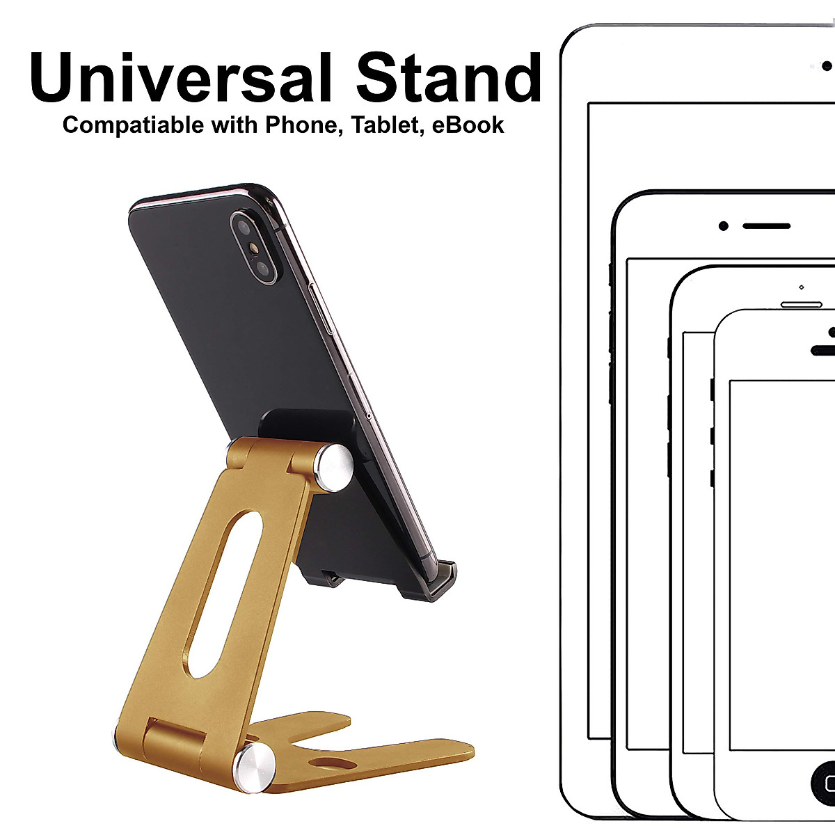 Pokanic Cell Phone Tablet Fully Foldable Stand Dock Holder Cradle Mount Organizer Charger Station Table Desk Bed Office School Kitchen Travel Portable Adjustable Multi-Angle Aluminum (Gold)