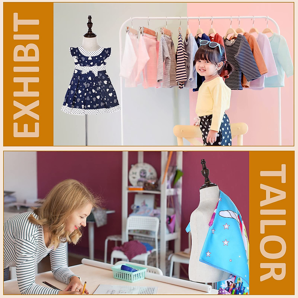 Geetery 2 Pcs Kid Dress Form Adjustable Toddler Clothes Mannequins Children's Mannequin with Wooden Base for Window Counter Studio Clothing Store Display (2-3 Years Old)