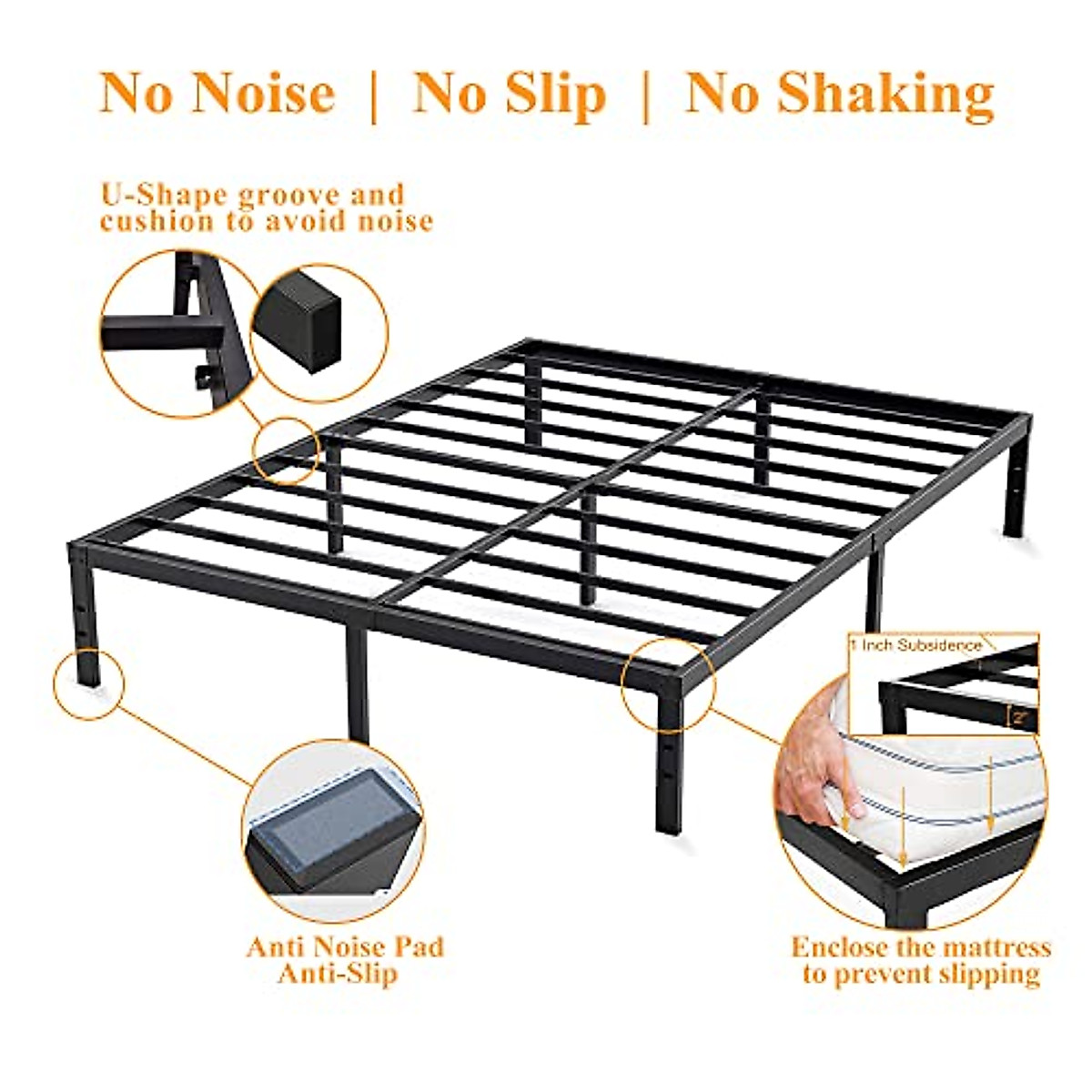 HISKIWUU Platform Bed Frame Queen Size Heavy Duty 3500lbs 14 Inches,Metal Bed Frame Queen Size Easy Assembly Anti-Slip Noise Free,Queen Size Bed Frame No Box Spring Needed,Under Bed Storage,Black
