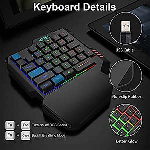 MFTEK One Hand Gaming Keyboard and Mouse Combo, RGB Rainbow Backlit One ...