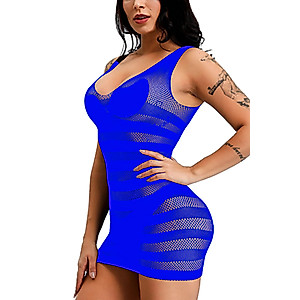 Vorifun Women Mesh Hole Strap Chemise Fishnet Lingerie V-Neck Babydoll Mini Dress One Size