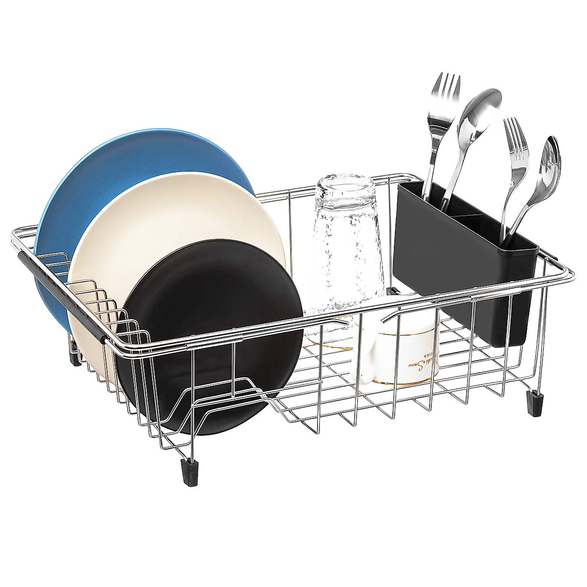 iPEGTOP Expandable Deep & Large Dish Drying Rack, Over The Sink, in Sink Or On Counter Dish Drainer Basket Shelf with Black Removable Utensil Silverware Holder, Rustproof Stainless Steel