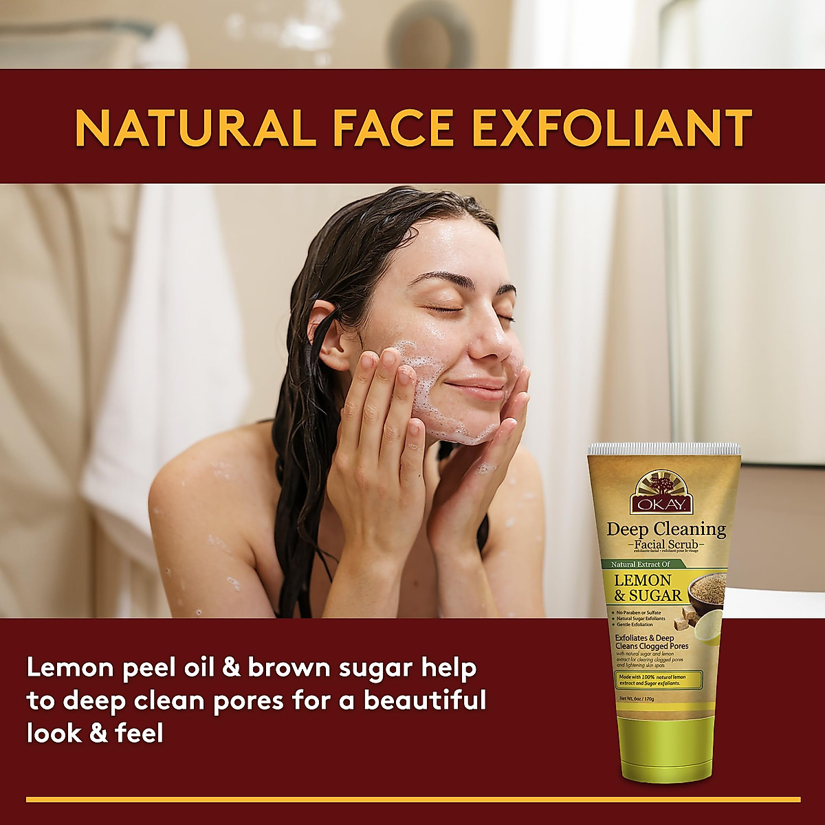 OKAY Oil Control Facial Scrub Exfoliator - Exfoliating Face Wash, Face Scrub for Women and Men, Moisturizing and Brightening, Leaves Skin Smooth and Clean, Paraben Free - Lemon, 6 Oz (Pack of 1)