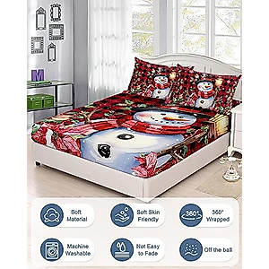 Full Size Fitted Sheet Bed Set Christmas Snowman Poinsettia Floral Deep Pocket Soft Bottom Sheets&Pillowcases for Bedroom Decor Black and Red Buffalo Plaid,Fits Mattress Up to 16" Deep