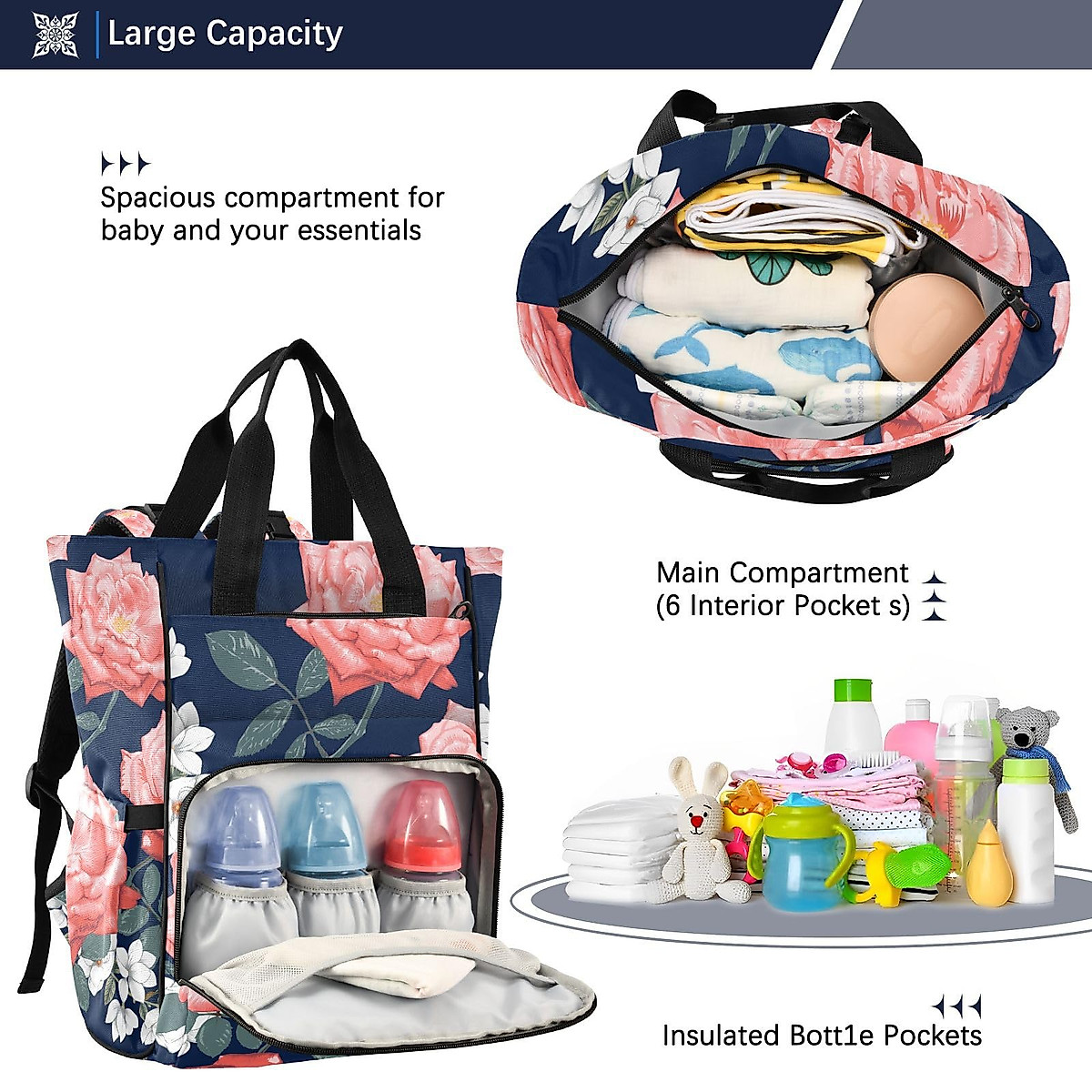 SPRIPORT Magnolia Flower Diaper Bag Backpack for Baby Boys Girls Baby Essentials Travel Tote with Stroller Straps & Bottle Storage Large Travel Diaper Backpack for Traveling Shopping Hiking Moms Dads