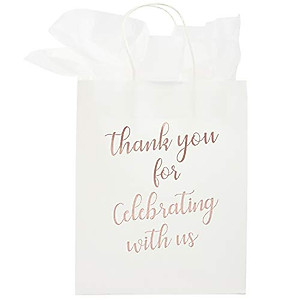 Sparkle and Bash Thank You Kraft Gift Bags with Tissue Paper (Rose Gold Foil, 15 Pack)