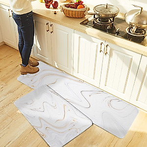 Debedcor Marble Kitchen Rugs and Mats Set of 2, Non-Skid White Bathroom Rugs, Washable Gold and Grey Kitchen Runner Floor Mat for Sink/Laundry Room/Office, 15.7"x23.6"+15.7"x47.2"