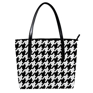 RODAILYCAY Leather Handbag for Women Large Capacity Top Handle Satchel Bucket Purses Shoulder Bag Black White Houndstooth Plaid Pattern