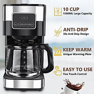 10 Cup Coffee Maker,Programmable Coffee Machine with Touch Screen,Glass Carefe,Reusable Filter,Auto Shut-Off and Pause,Regular & Strong Brew for Home and Office,Silver and Black