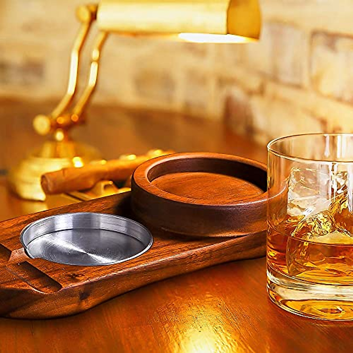 Cigar Ashtray Coaster Whiskey Glass Tray and Cigar Holder, Wooden Ash Tray, Slot to Hold Cigar, Cigar Rest, Cigar Accessories Set Gift for Men Dad, Great Decor for Home,Office or Bar