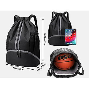 BRILISLE Drawstring Backpack Water-Resistant Sports Gym Bag for Women & Men with Shoes Compartment and Wet-Proof Pocket Black
