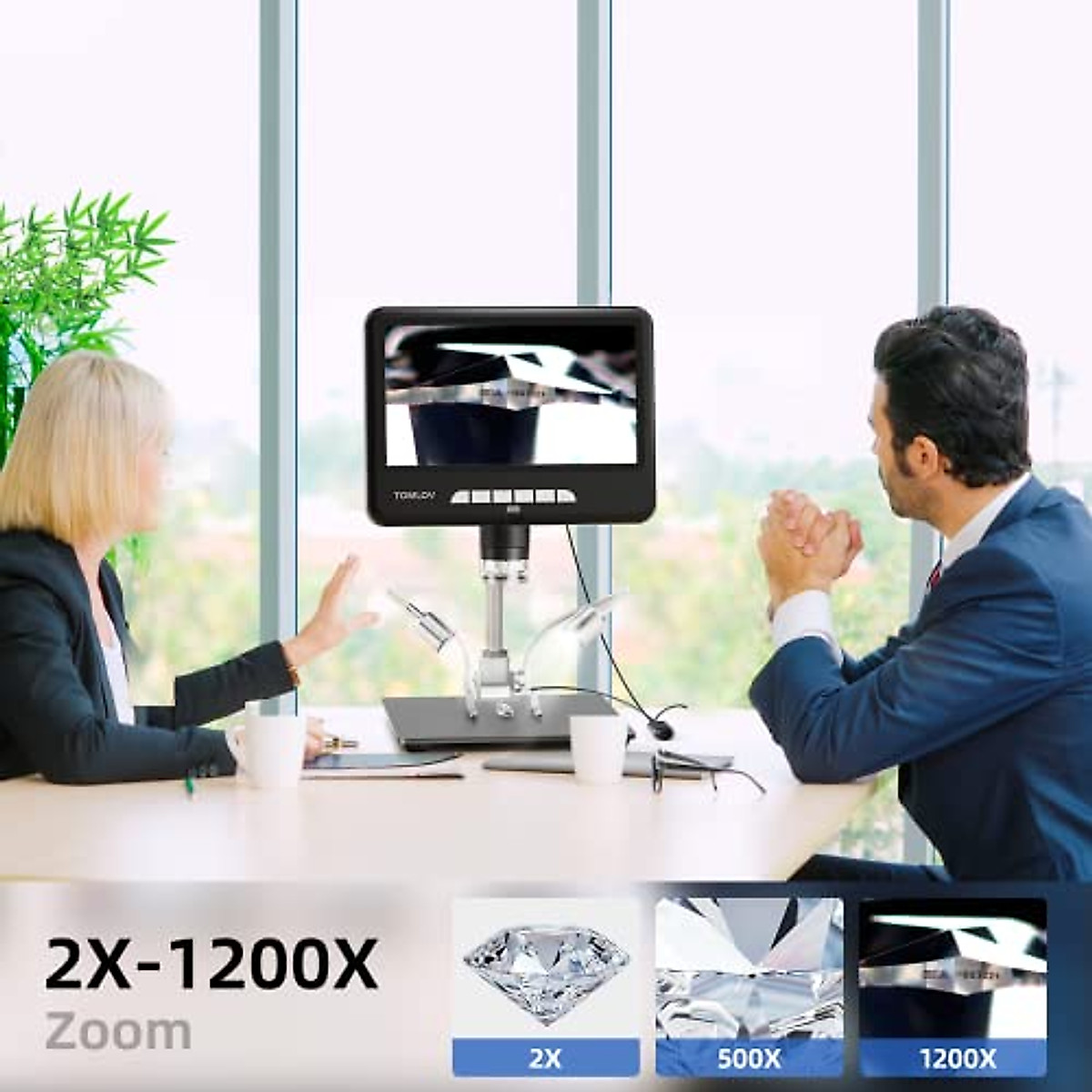 TOMLOV DM402 Pro 2K Digital Microscope 1200x, 10.1" 24MP HDMI Coin Microscope with Screen, Bottom Transmitted Light, LCD Digital Soldering Microscope, 10" Stand, PC/TV Compatible, 32GB