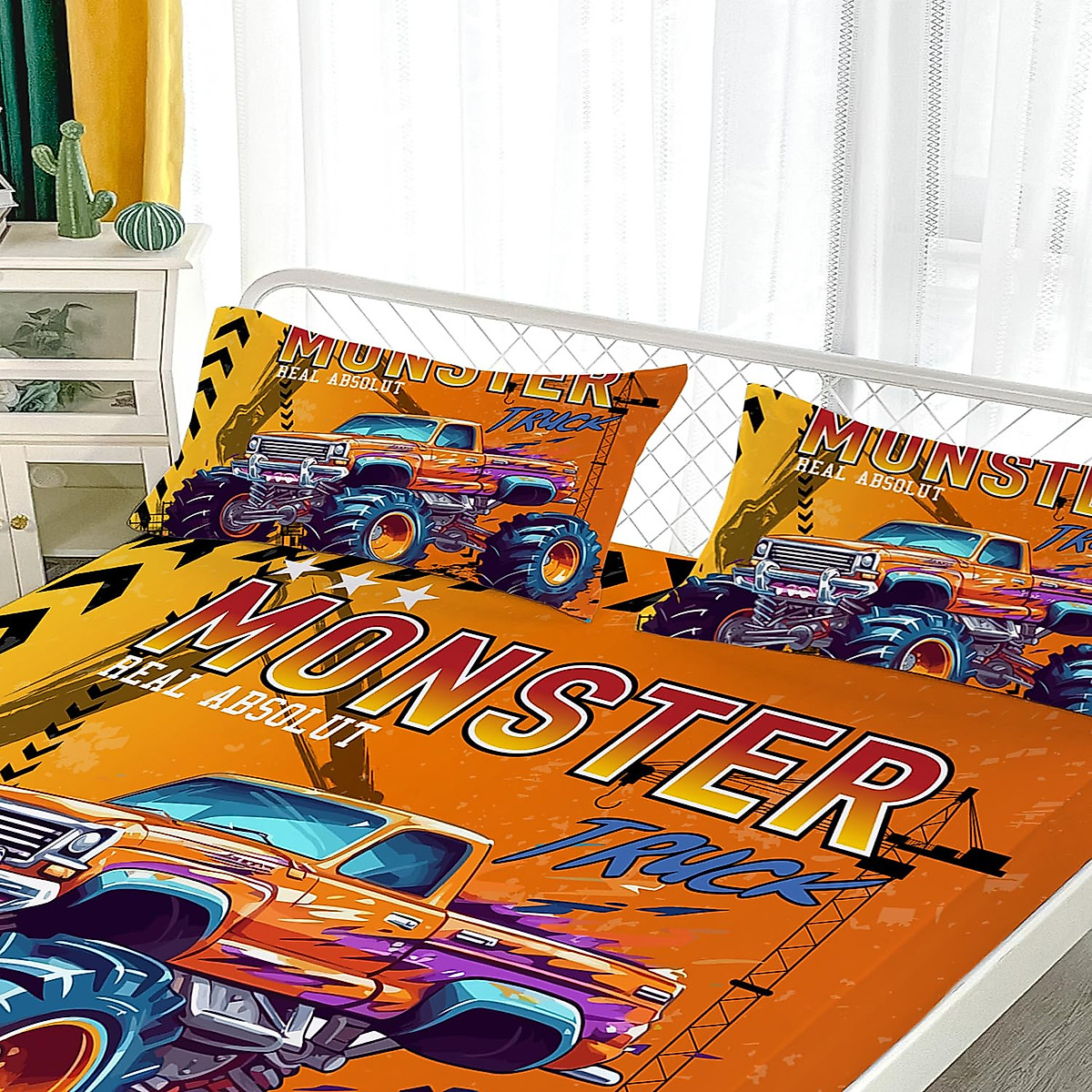 Monster Car 4 Pieces Bed Sheets Soft Washed Microfiber Orange Off Road Bedding Set Fitted Sheet Deep Pockets Top Flat Sheet Room Decor Orange Queen with 2 Pillowcases for Kids Boys and Girls