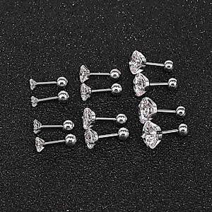 6 Pairs Shiny Round Cubic Zirconia Surgical Steel Stud Earrings Tragus Helix Conch Piercing Cartilage Sets