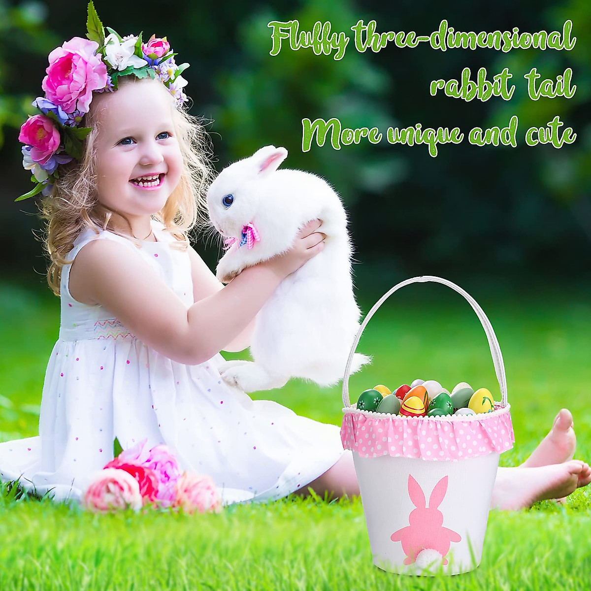 4 Pieces Canvas Easter Basket Bunny Easter Baskets for Kids Candy Egg Bags Fluffy Tails Printed Easter Bucket Cute Personalized Kids Basket Rabbit Bunny Easter Basket Tote for Carrying Presents Eggs