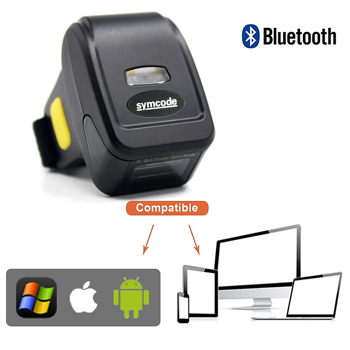 Bluetooth Wireless Ring Barcode Scanner, Portable Wearable Mini Finger 1D Bar Code Reader Work with Windows, Mac OS, Android 4.0+, iOS