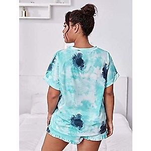 MakeMeChic Women Plus Size 2 Piece Pajamas Sets Tie Dye Short Sleeve Top & Shorts Loungewear Sleepwear Blue X-Large
