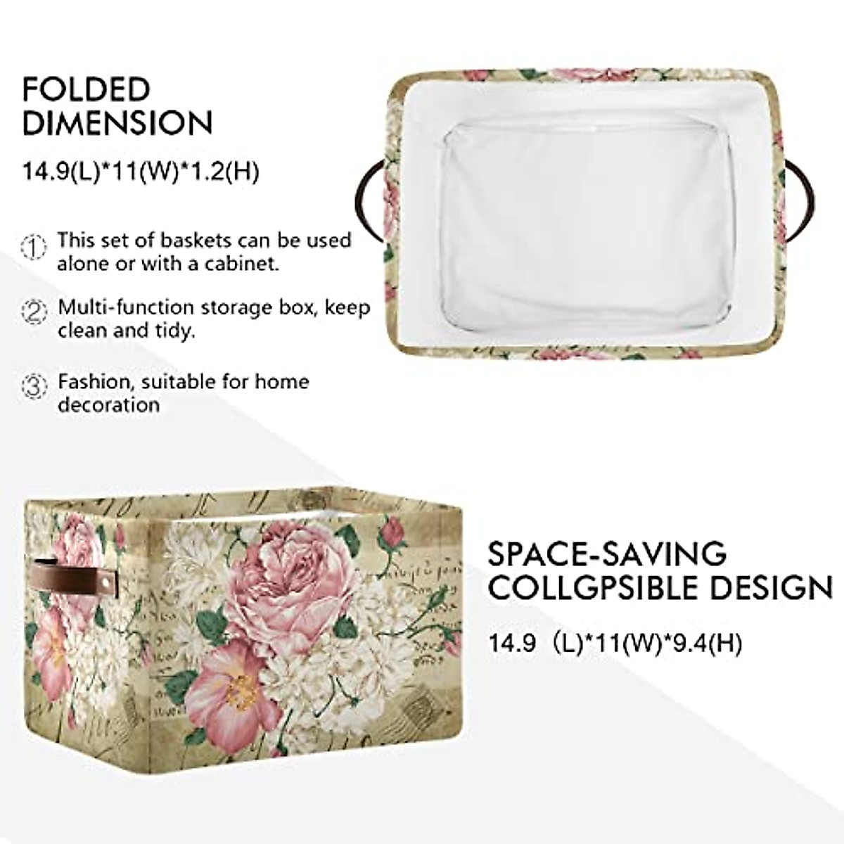 Bolaz Shabby Chic Pink Rose Square Storage Basket Storage Bins Canvas Storage Organizer Closet Shelf Organizer for Home Office, 1 Pc, one sizex1, B06D20006