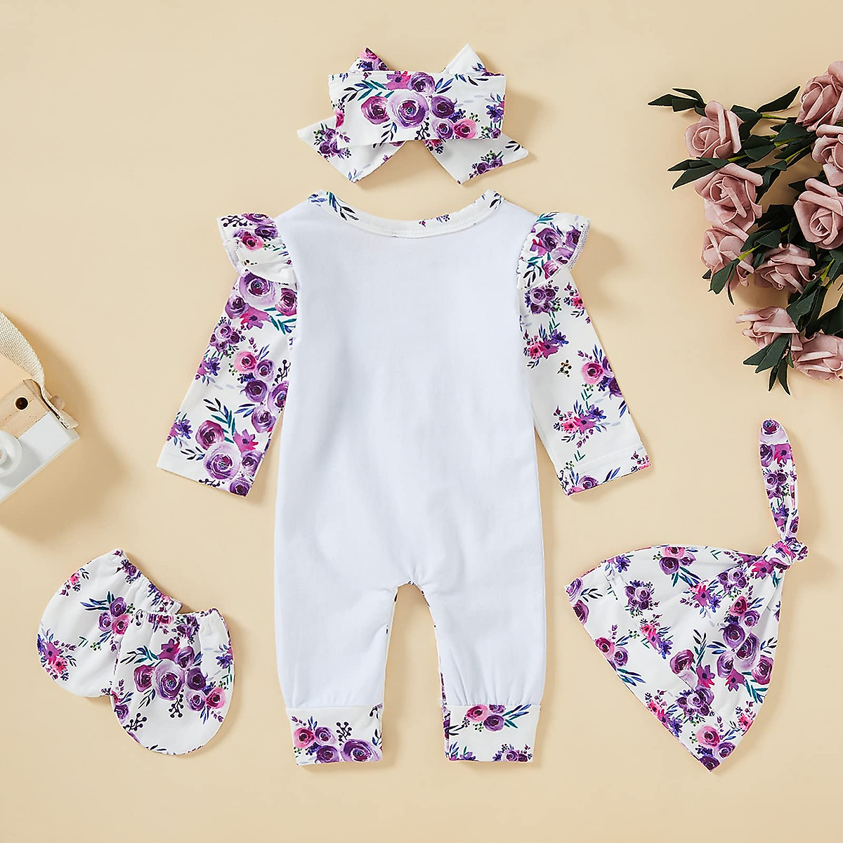 GRNSHTS Newborn Baby Girl Romper Infant Letter Print Bodysuit Floral Jumpsuit+Hat+Headband+Gloves Coming Home Clothes Outfits(Purple,Newborn)