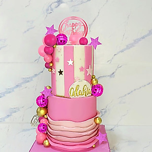 Hot Pink Girl Cake Toppers with Pink Gold Balls Mirror Ball Doll Cake Toppers for Wedding Baby Shower Anniversary Girl Birthday Themed Party Supplies (Style 2)