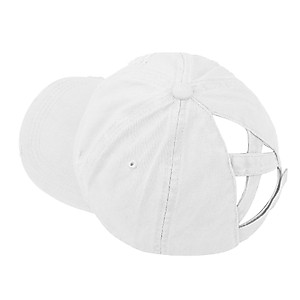 Criss Cross Distressed Baseball Cap Ponytail Hat for Women & Man, Adjustable Washed Plain Retro Ball Cotton Unstructured Caps White