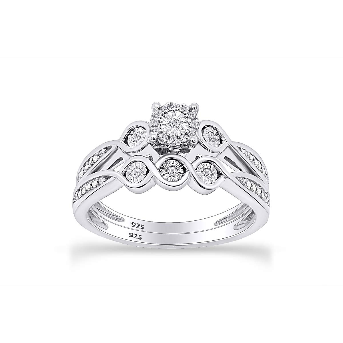 AFFY 1/10 ctw Round White Natural Diamond Set Ladies Engagement Wedding Bridal Ring Set In 14k White Gold Plated Sterling Silver (I-J / I2-I3, 0.10 ctw) Size-10