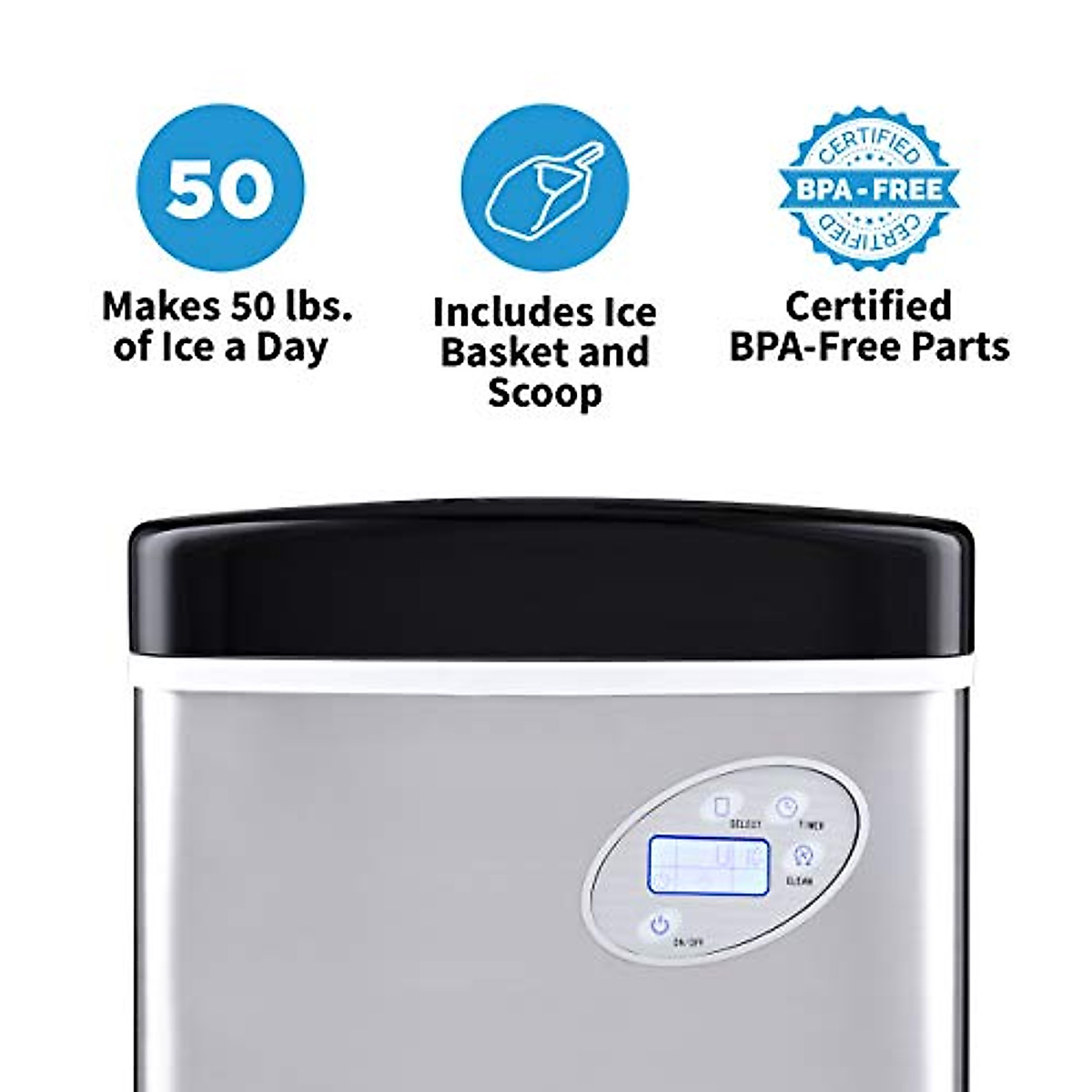 Newair Portable Ice Maker 50 lb. Daily, 12 Cubes in Under 7 Minutes - Compact Countertop Design - 3 Size Bullet Shaped Ice - for Kitchen/Office/RV/Bar - Stainless Steel